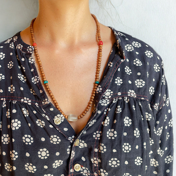 Bead Neck #505: Sandalwood w/Sil- Antique Quartz, TQ Fac & Tibetan Cor ...